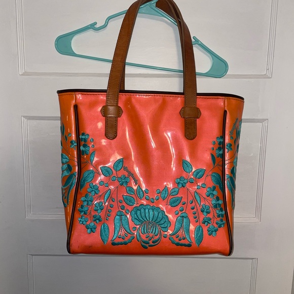 Consuela | Bags | Consuela Orange Tote With Turquoise Embroidered ...